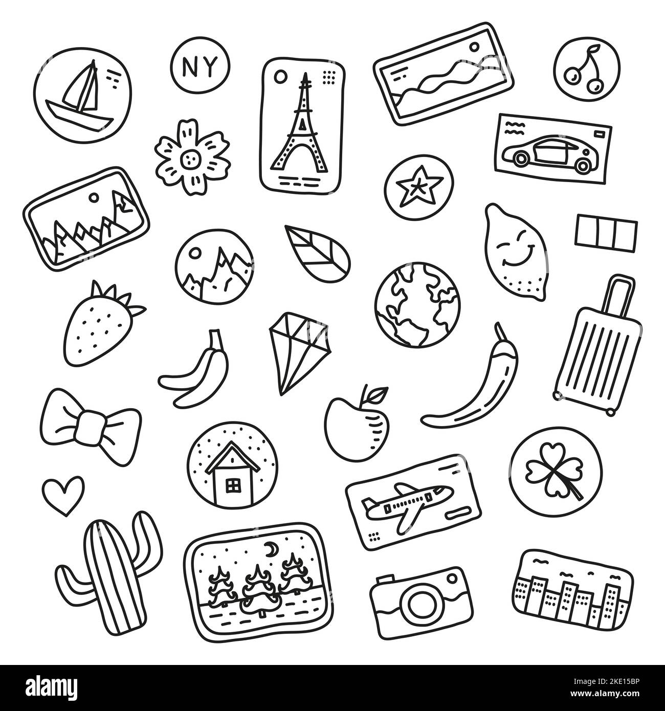 Set of doodle outline souvenir magnets or stickers isolated on white ...
