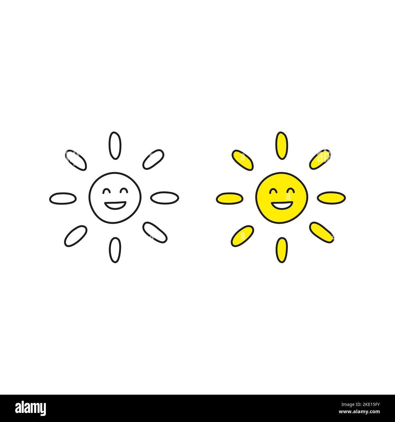 Doodle outline and colored happy smiley sun icons isolated on white ...