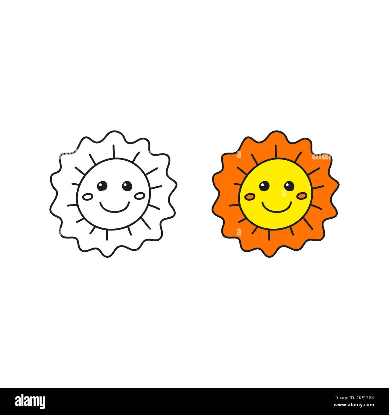 Doodle outline and colored happy smiley sun icons isolated on white ...