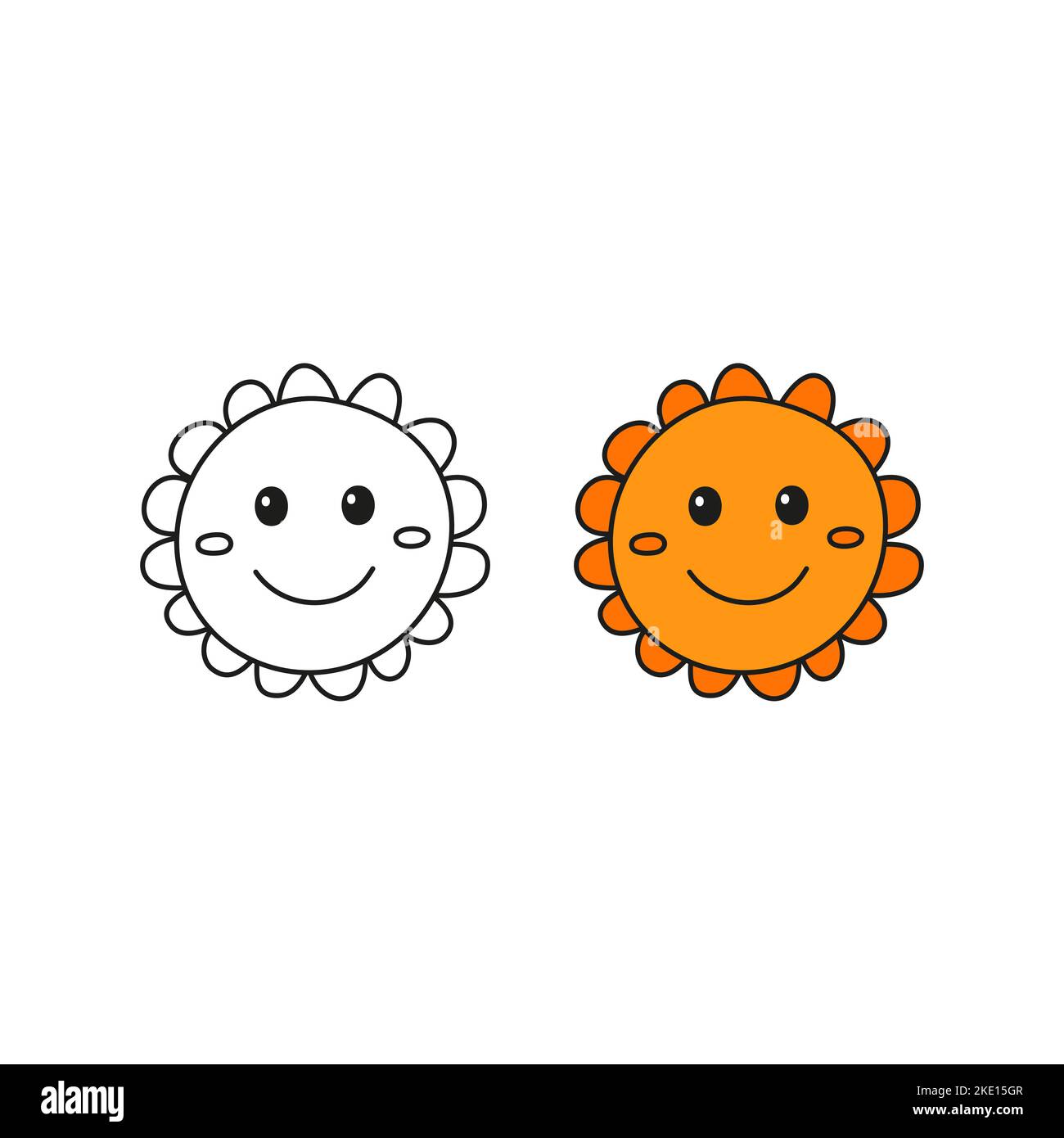 Doodle outline and colored happy smiley sun icons isolated on white ...