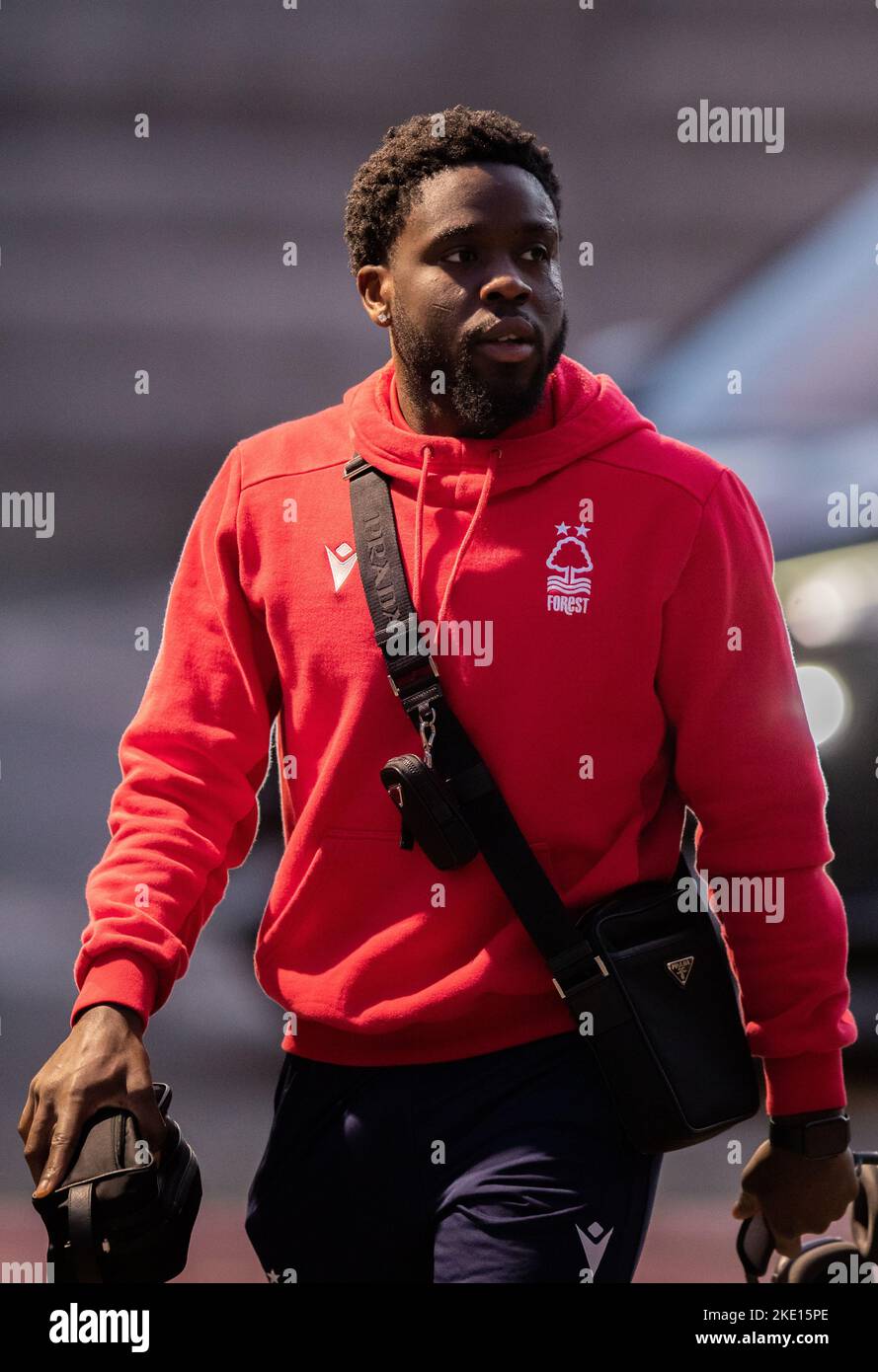 Orel Mangala #5 of Nottingham Forest arrives before the Carabao Cup ...