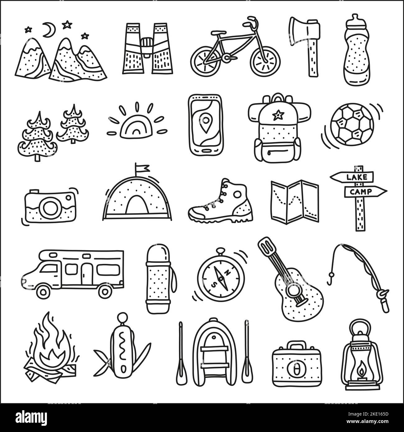 Set of doodle outline camp and outdoor icons isolated on white ...