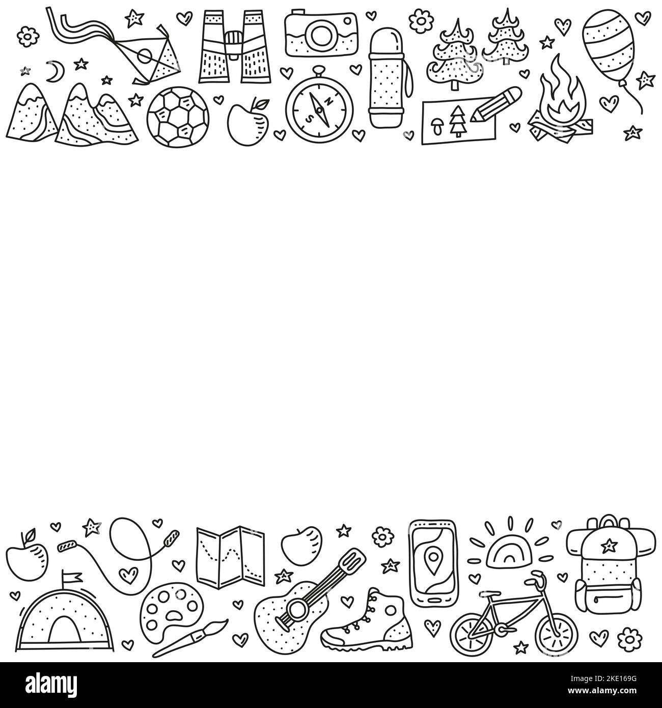 Poster with outline children camp, outdoor doodle icons and white ...
