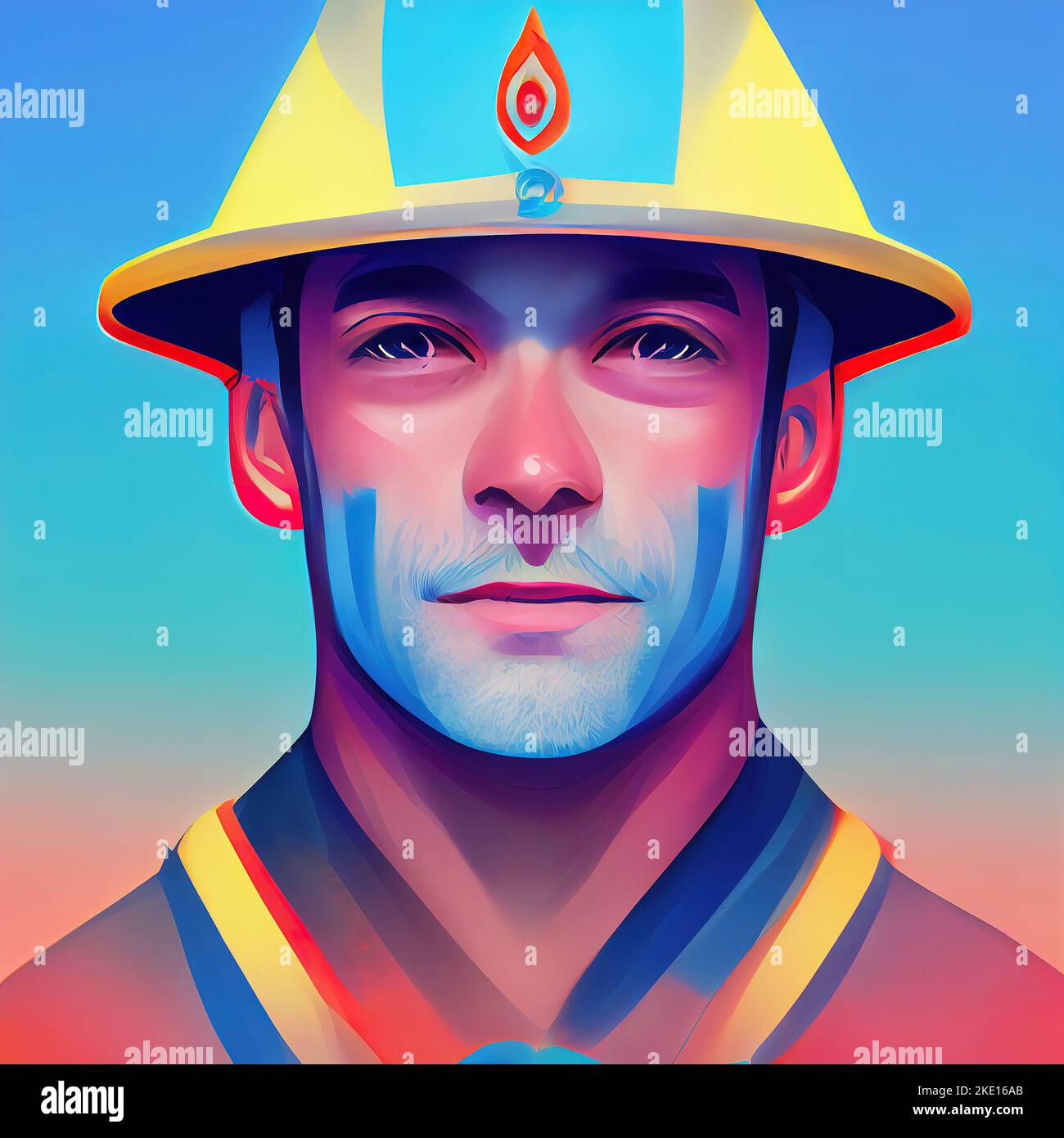 Portrait of a male firefighter in yellow helmet. Digital illustration ...