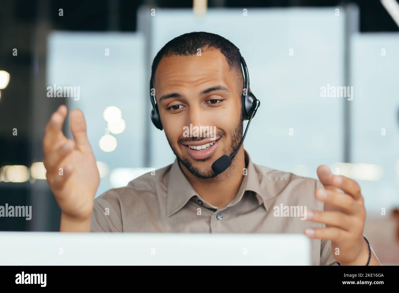 Closeup African American Businessman With A Headset Talking Remotely On