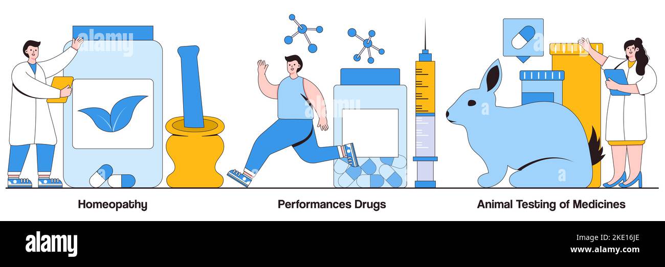 Homeopathy, performance drugs, animal testing of medicines concepts ...
