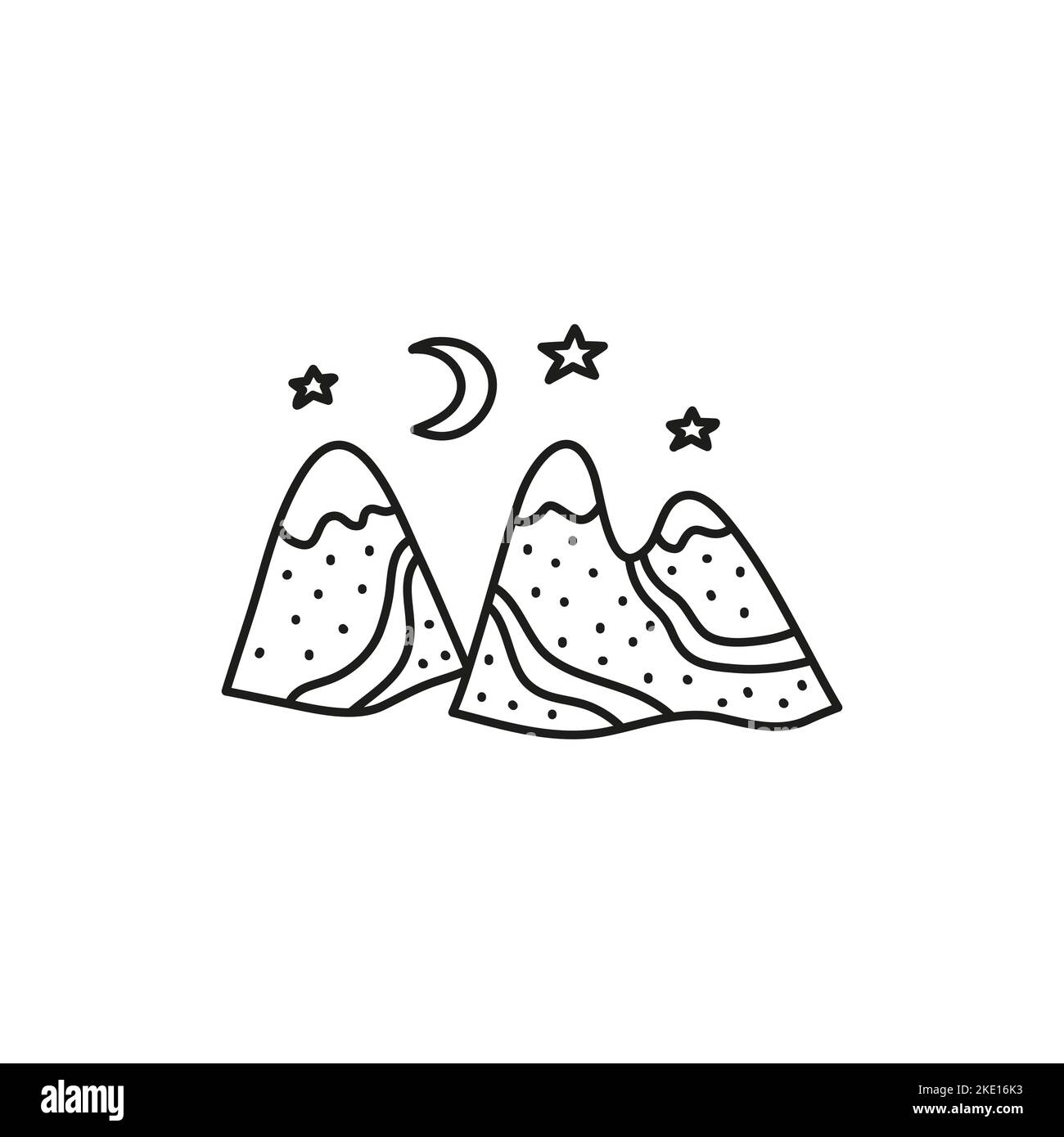 Cute doodle outline mountains, stars and moon isolated on white ...