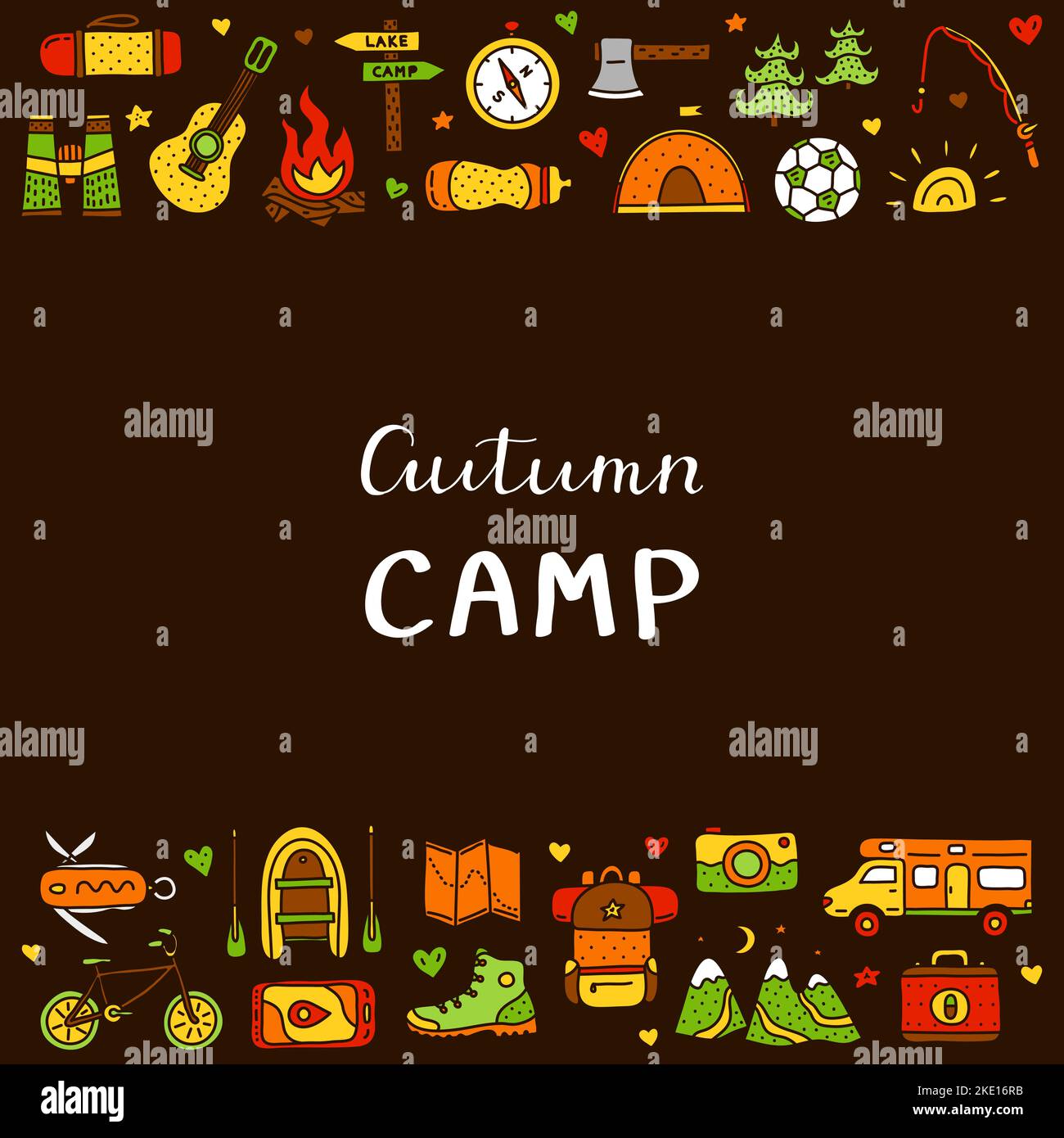 Poster with colored autumn camp, outdoor doodle icons and dark ...