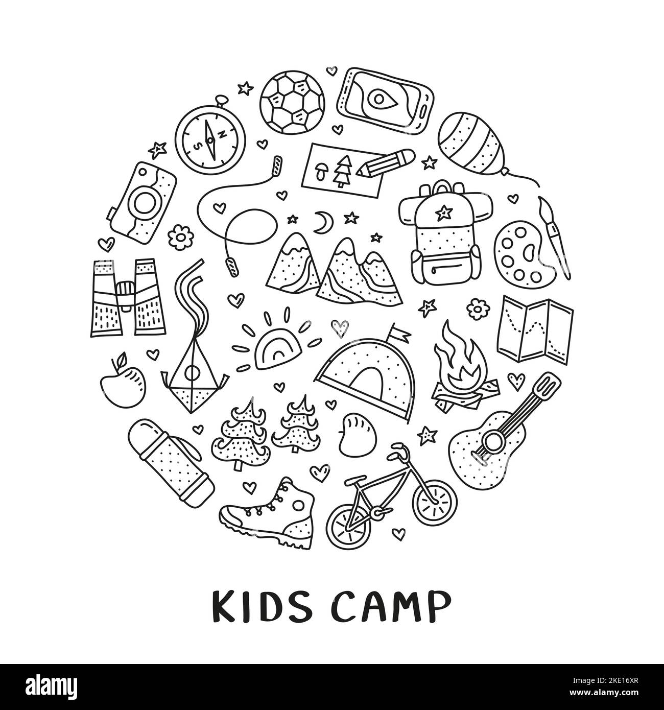 Cute doodle outline kids camp, outdoor icons composed in circle shape ...