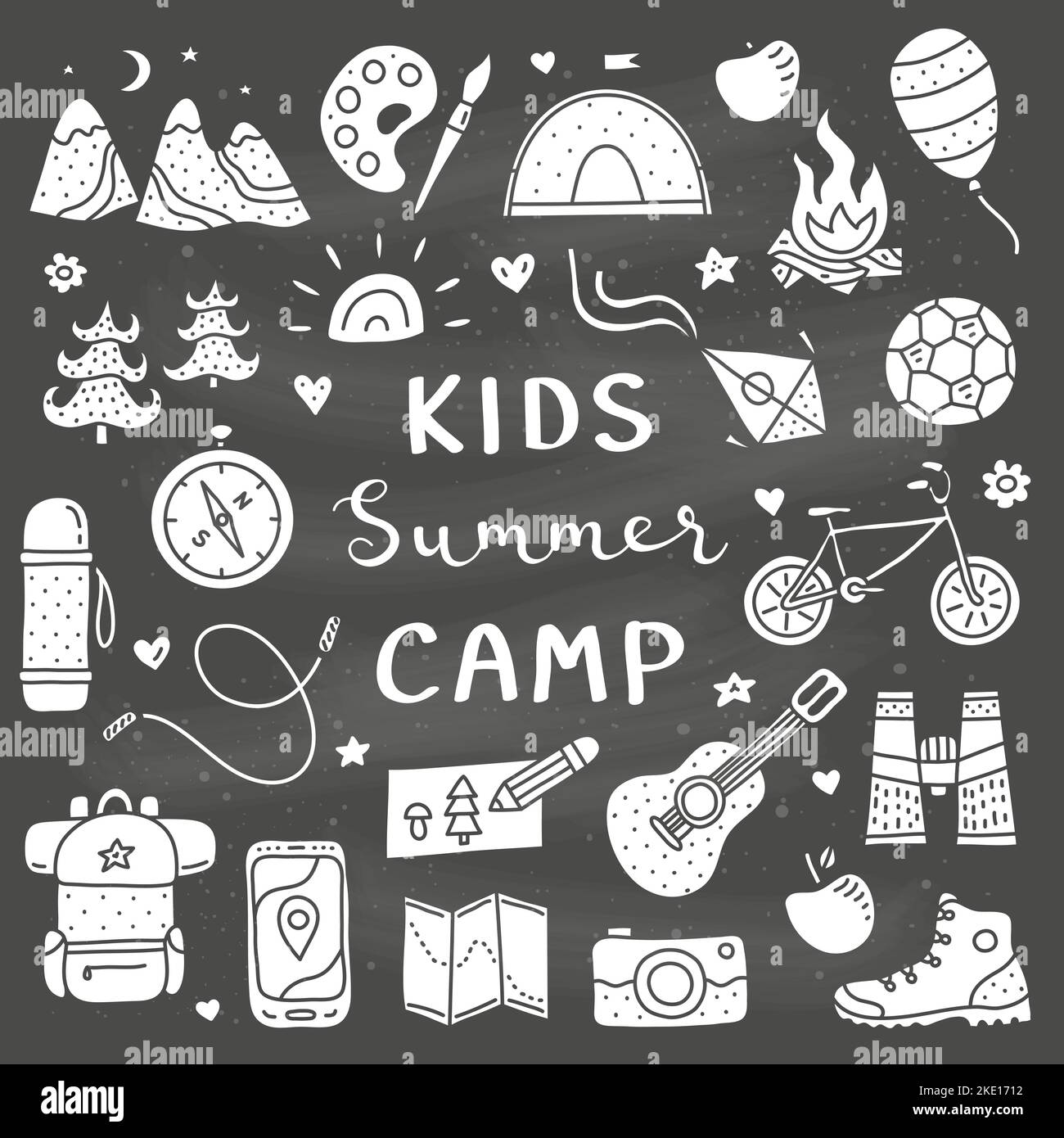 Poster template with cute doodle kids camp, outdoor icons and lettering ...