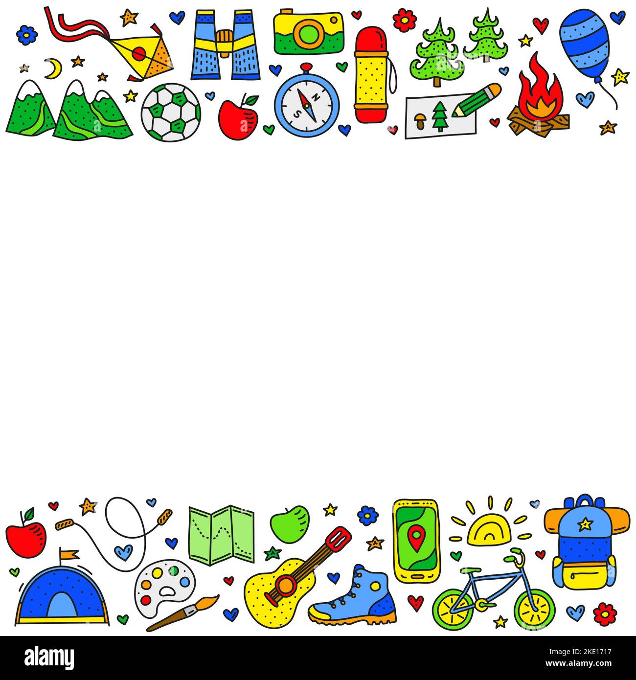 Poster with colored children camp, outdoor doodle icons and white ...
