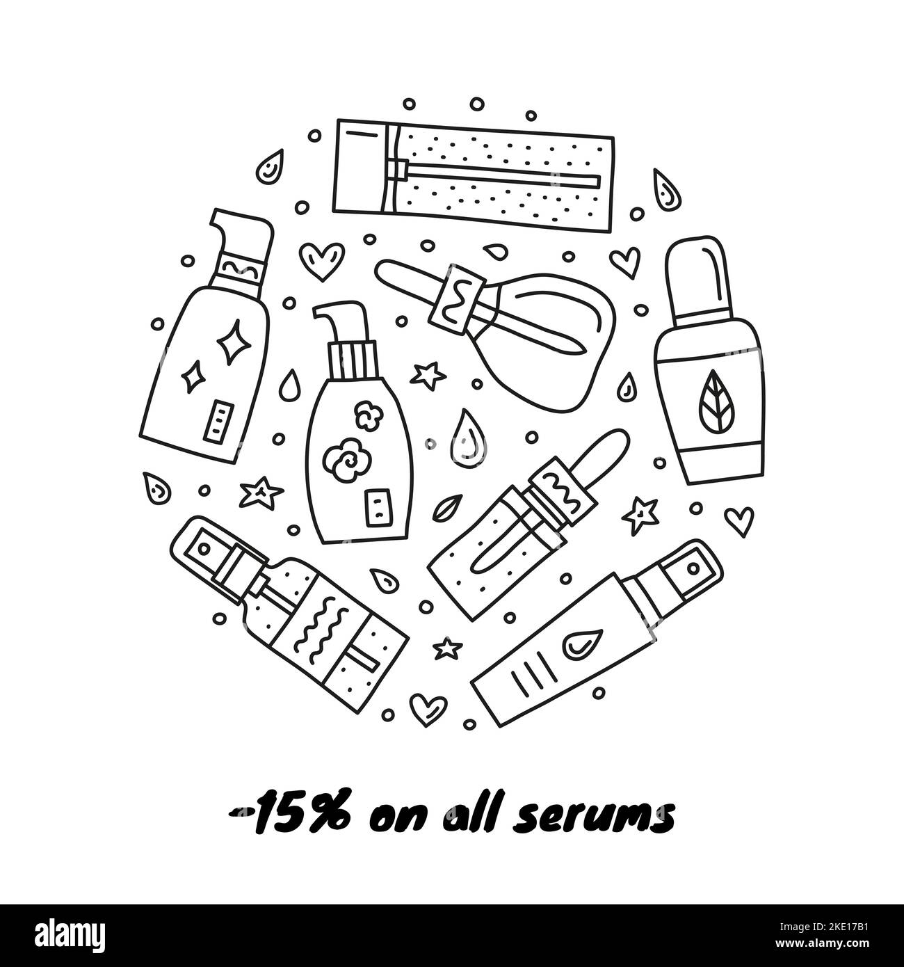 Doodle outline skin care serum, ampoule and essence bottles composed in ...
