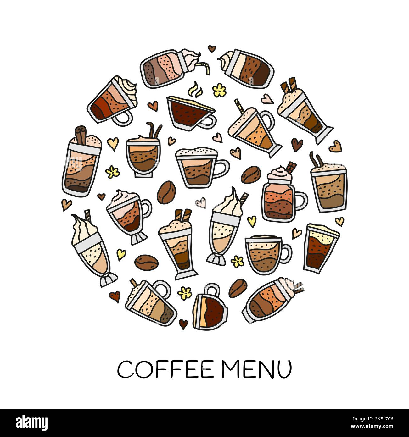 Doodle colored coffee drinks composed in circle shape Stock Vector ...