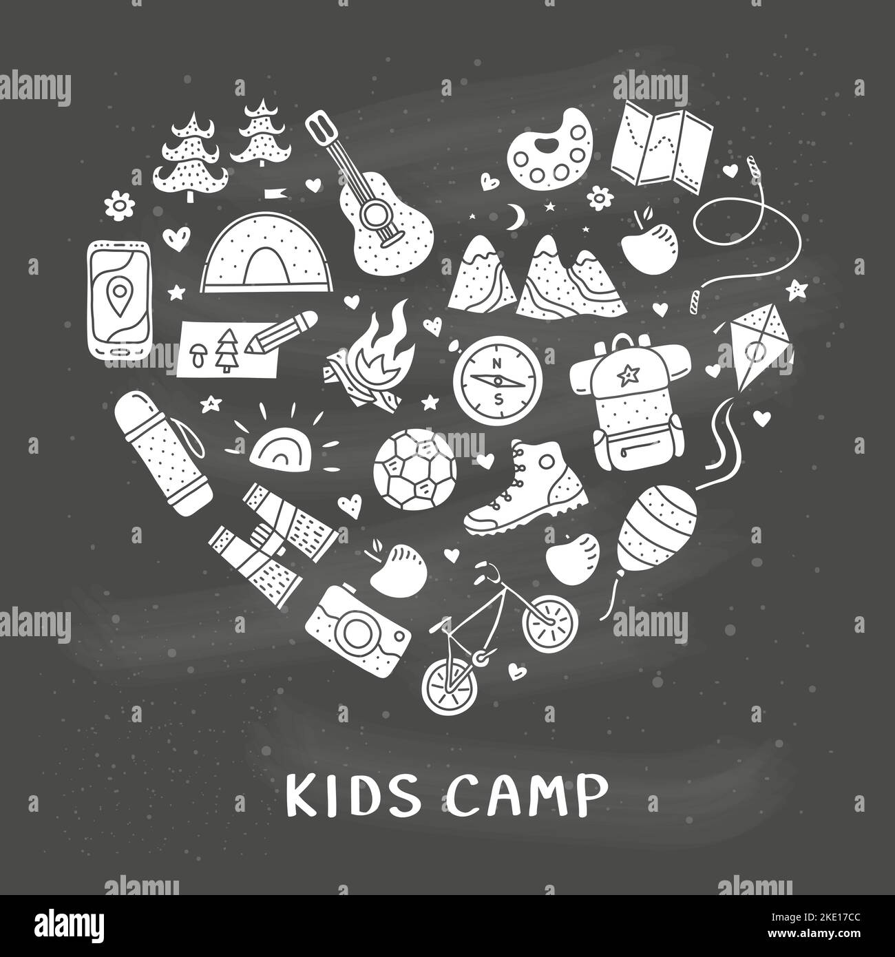 Cute doodle kids camp, outdoor icons composed in heart shape Stock ...