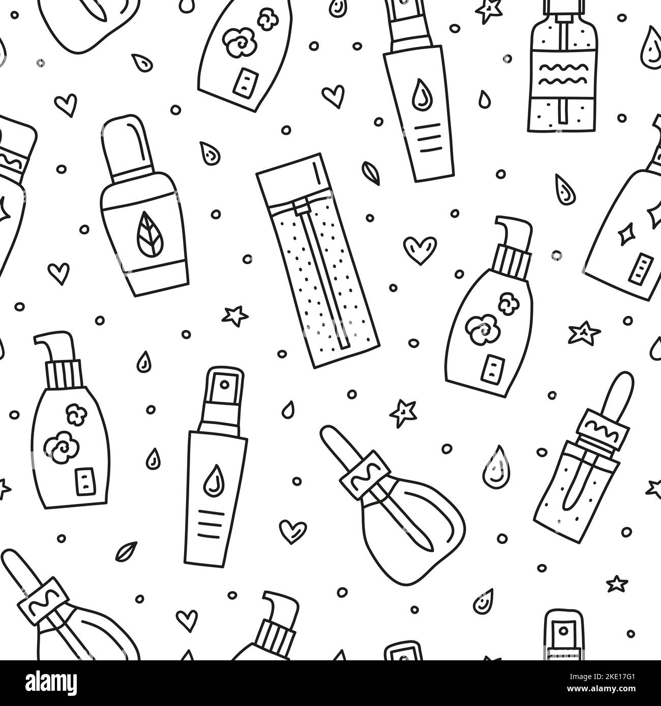 Black and white seamless pattern with doodle outline skin care serum ...
