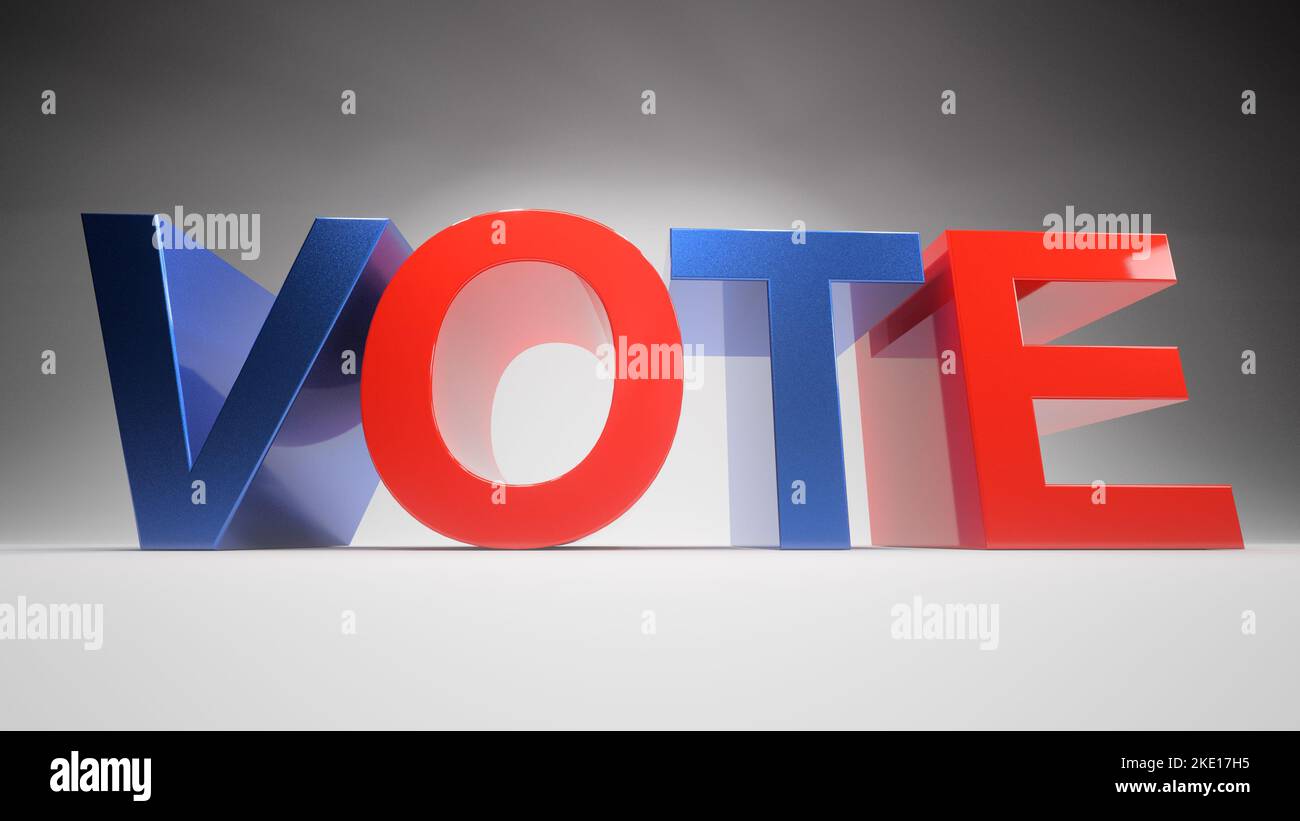 A digital 3D render of red and blue letters spelling out VOTE on a gray ...