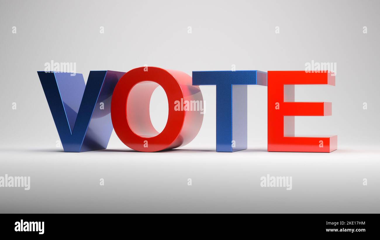 A digital 3D render of red and blue letters spelling out VOTE on a gray ...