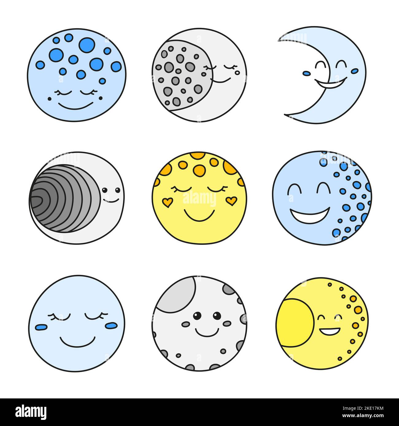 Set of doodle colored moon happy character icons isolated on white ...