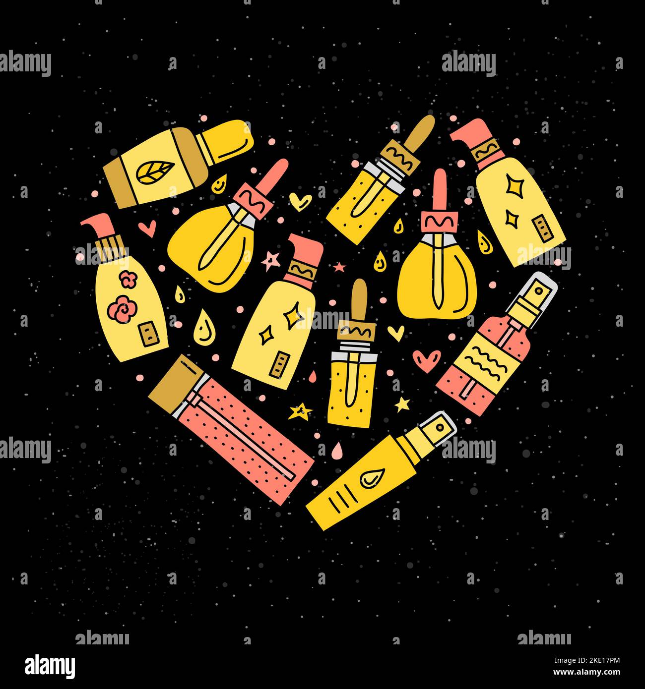 Doodle colored skin care serum, ampoule and essence bottles composed in ...