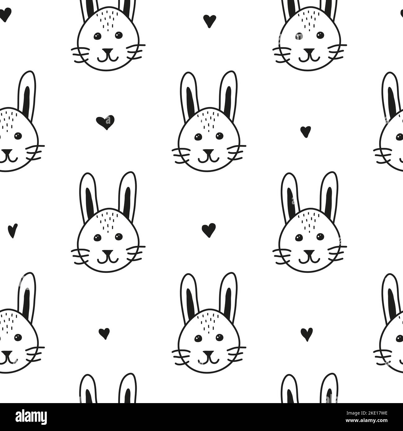 Black and white seamless pattern with doodle outline bunny faces and ...