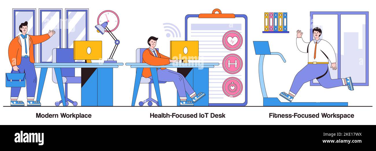 Modern workplace, health-focused IOT desks, fitness-focused lifestyle ...