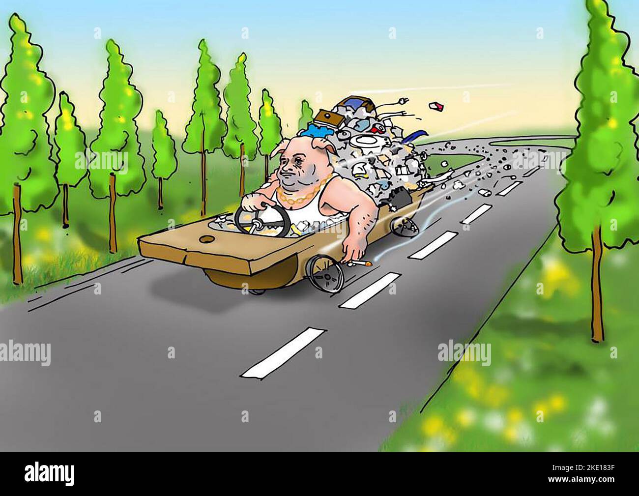 An illustration of a smoking pig riding a bath on the road and carrying ...