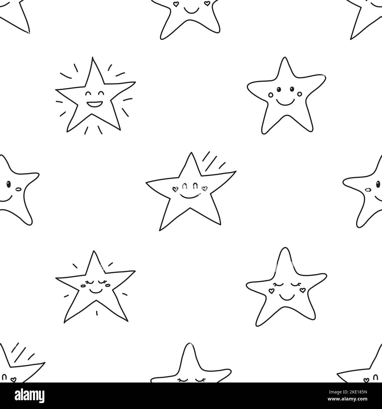 Black and white seamless pattern with doodle outline happy stars Stock ...
