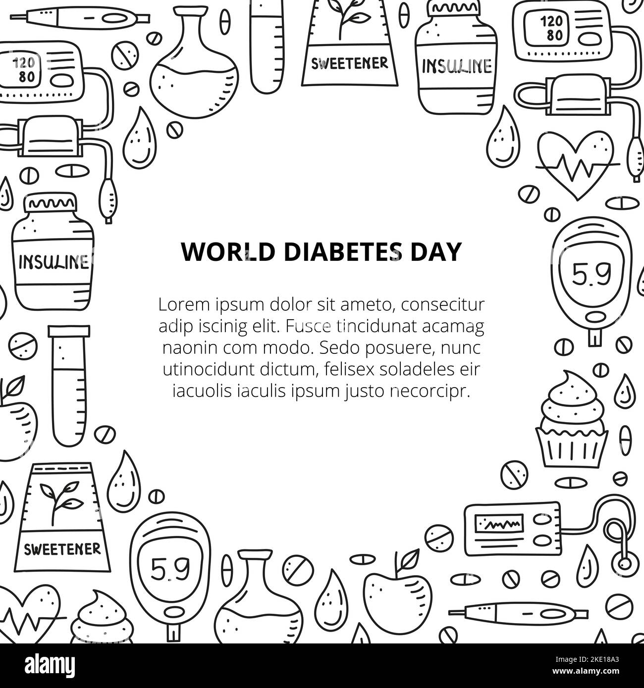 Poster with doodle outline diabetes items, including insulin pen, pump ...