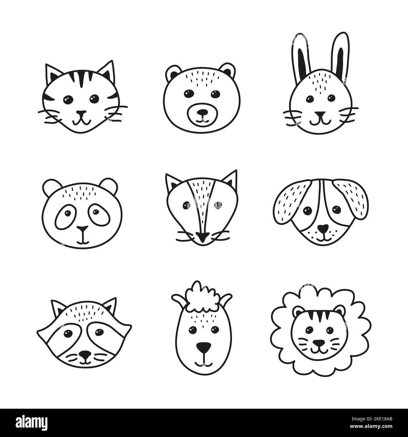 Set of cute doodle animal faces in scandinavian style isolated on white ...