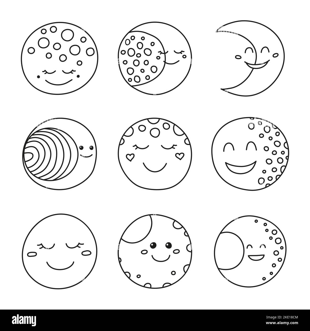 Set of doodle outline moon happy character icons isolated on white ...