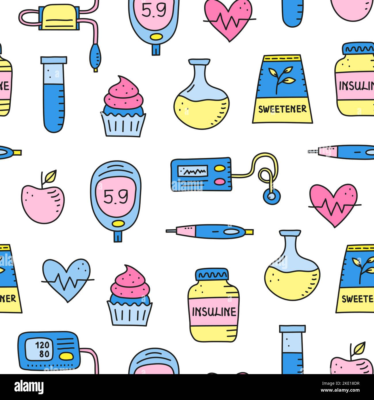 Seamless pattern with doodle colored diabetes items, including insulin ...