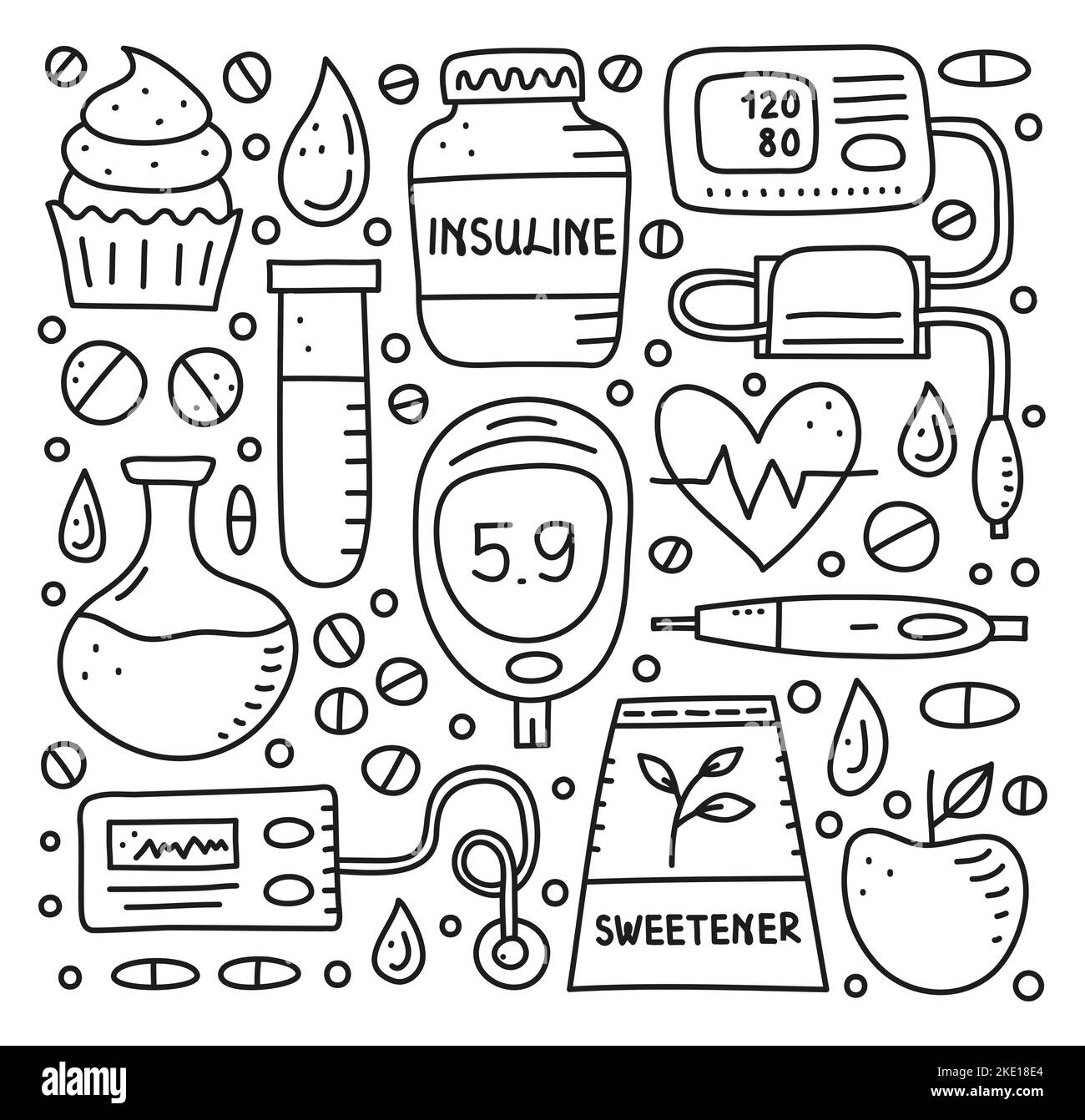 Set of doodle outline diabetes items, including insulin pen, pump ...
