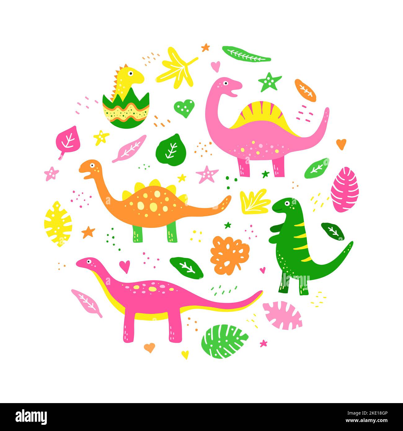 Colorful doodle dinosaurs and tropical leaves composed in circle shape ...