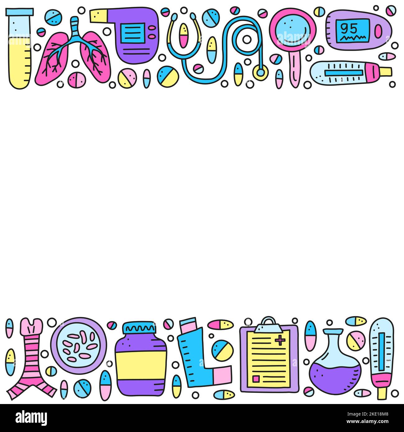 Poster with doodle colored pulmonology items, including lungs, trachea ...