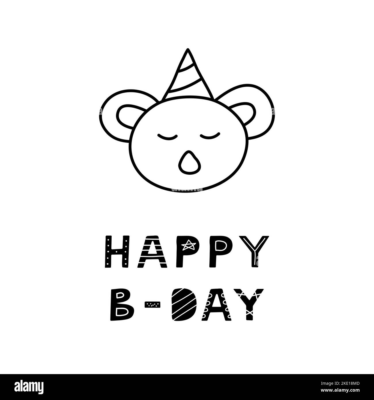 Cute hand drawn illustration with koala face and lettering happy b-day ...