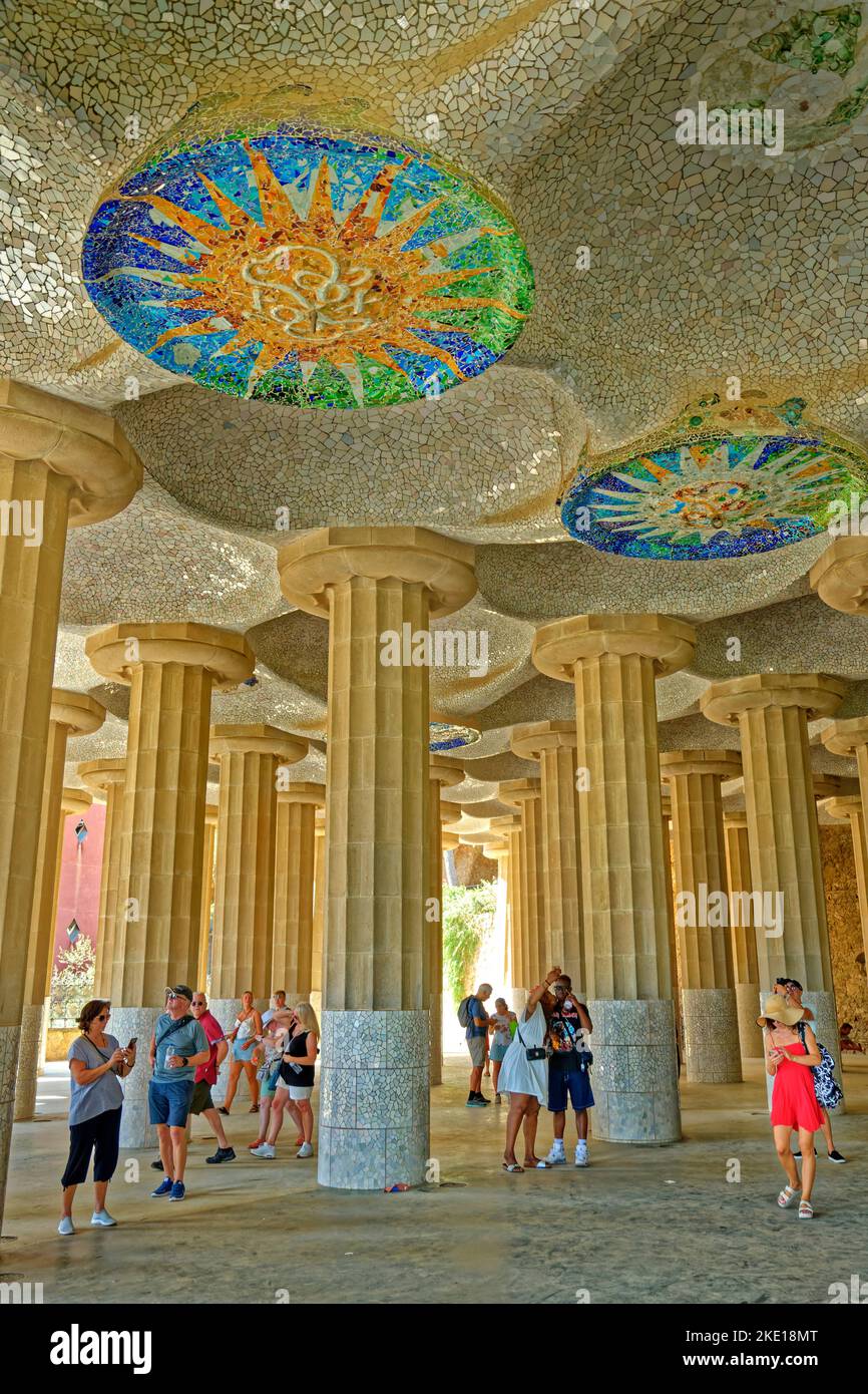The Hypostylos room at Park Guell, the Antoni Gaudi created design park ...
