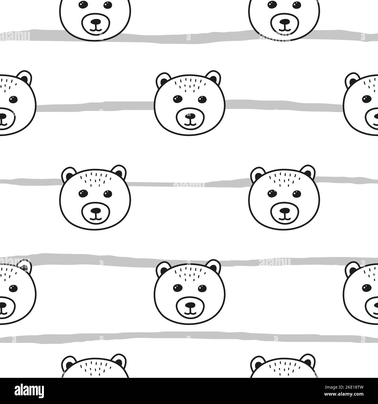 Black and white seamless pattern with doodle outline bear faces and ...