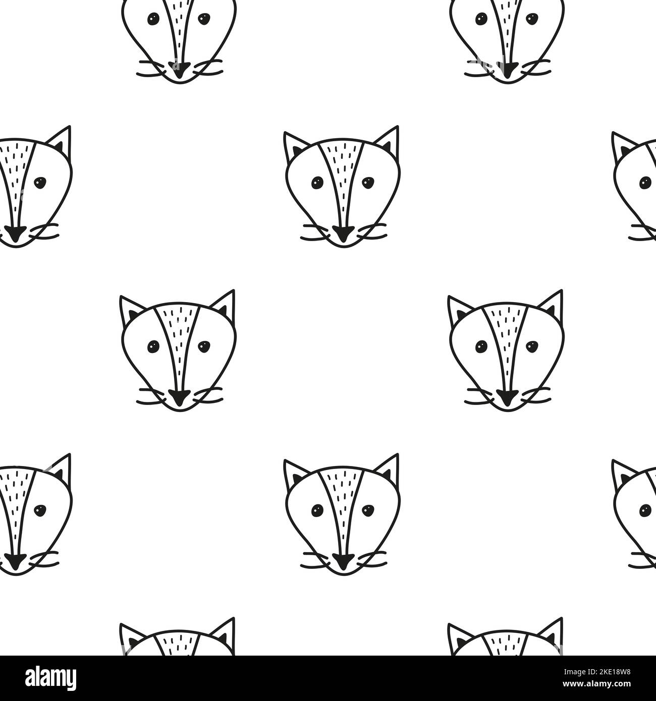 Black and white seamless pattern with doodle outline fox faces Stock ...