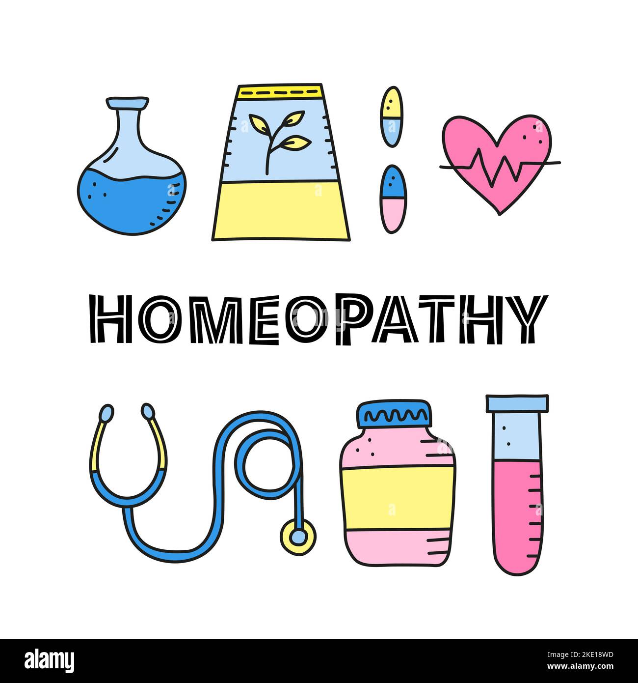 Poster with doodle colored medical items, including flask, herbs in ...