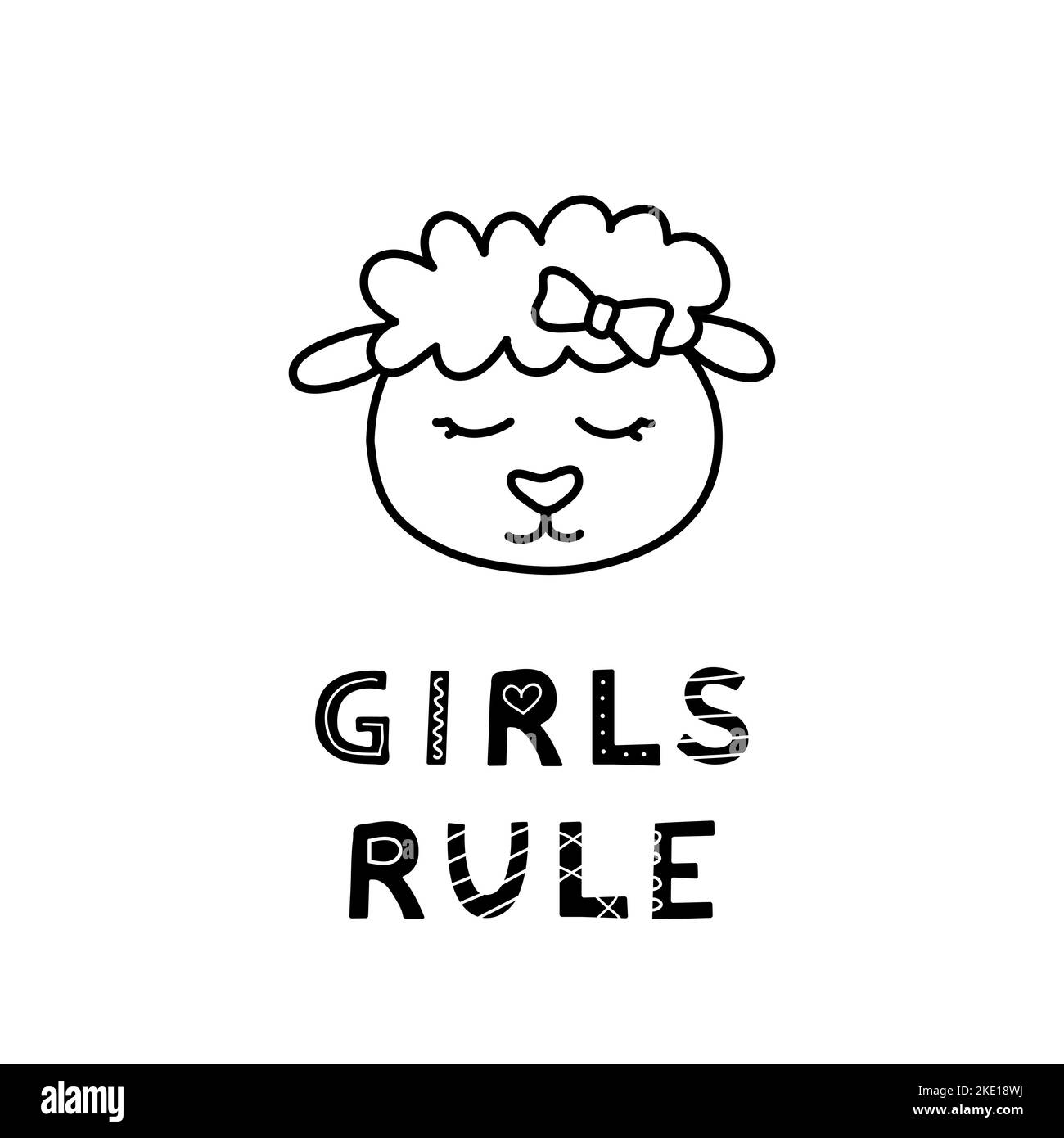 Cute hand drawn illustration with sheep face and lettering girls rule ...