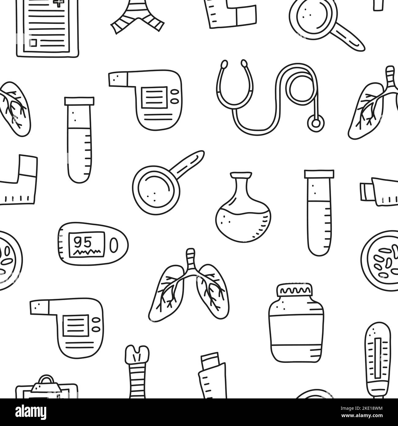 Black and white seamless pattern with doodle outline pulmonology items ...