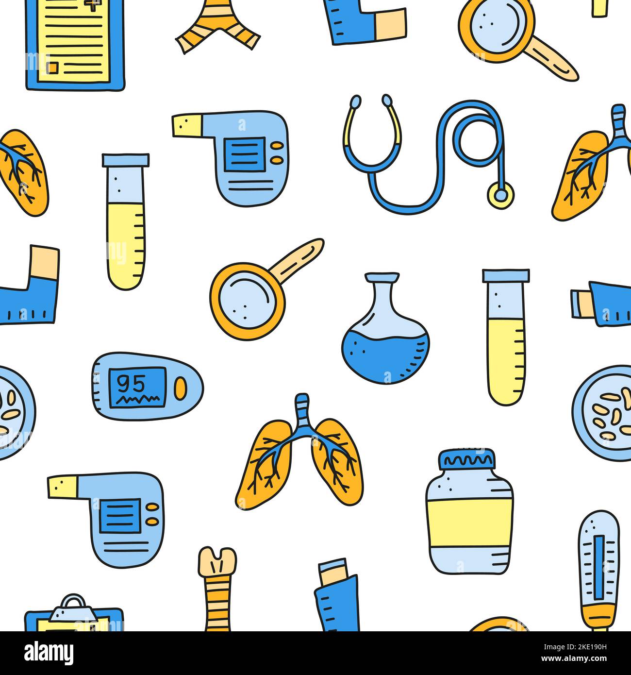 Seamless pattern with doodle colored pulmonology items, including lungs ...