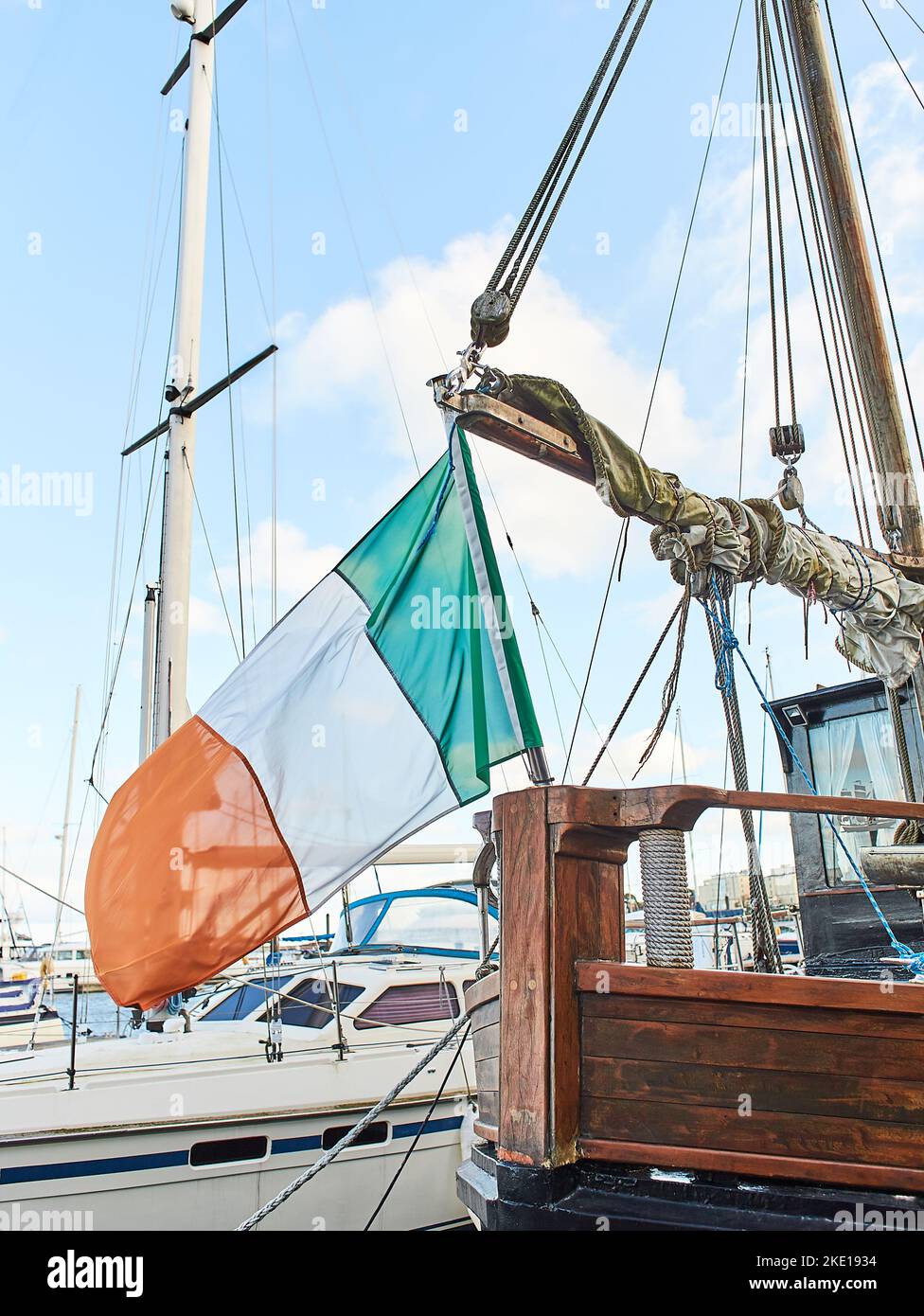 Sailboat ropes wooden pulley rigs. Old part of a sail boat Stock Photo ...