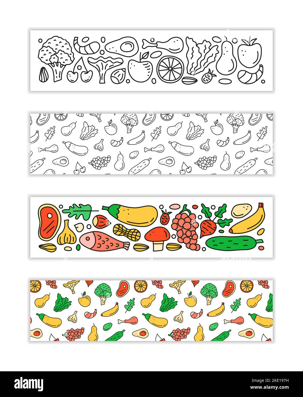 Horizontal banners with doodle paleolithic foods including fish, meat ...