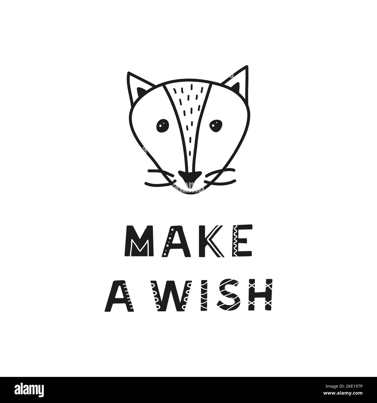 Cute hand drawn illustration with fox face and lettering make a wish ...