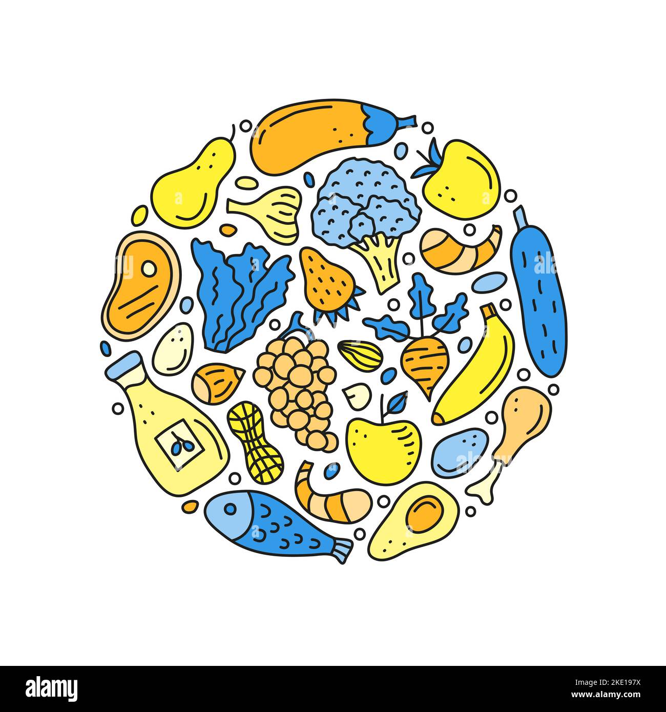 Doodle colored foods for paleolithic diet including fish, meat ...