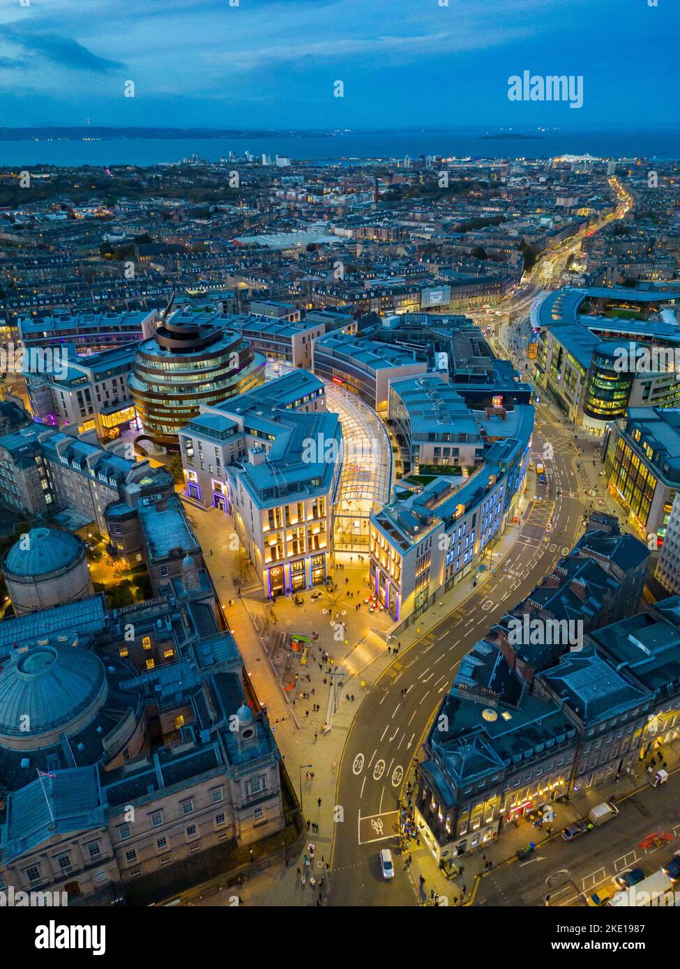 Aerial view from drone at dusk of new St James Quarter shopping and ...