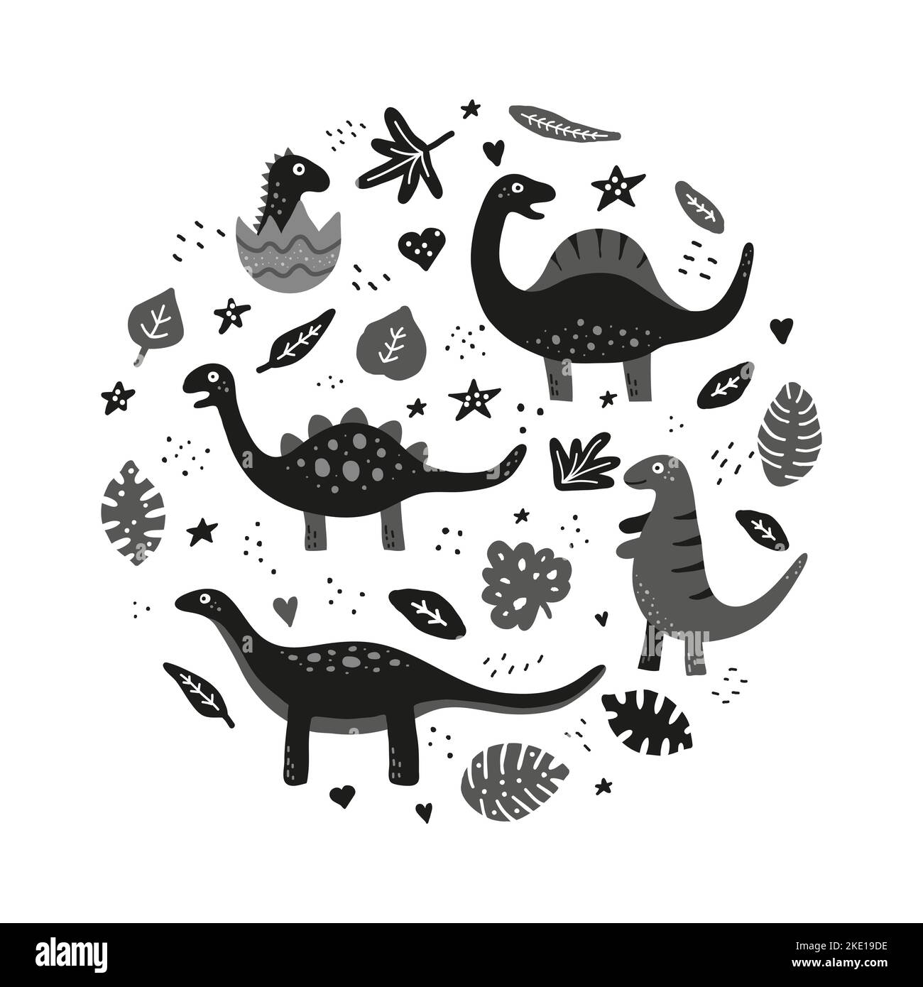 Black doodle dinosaurs and tropical leaves composed in circle shape ...