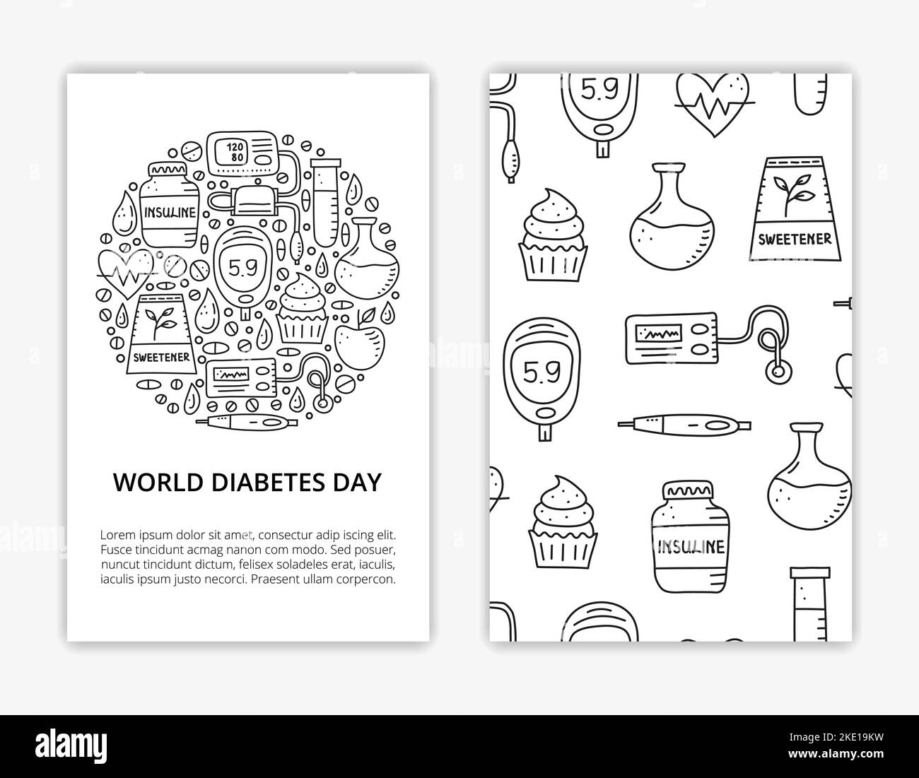 Card templates with doodle outline diabetes items. Used clipping mask ...