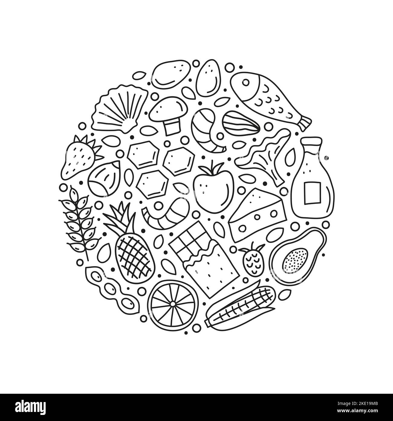 Doodle outline food allergens including fish, seafoods, cheese, milk ...